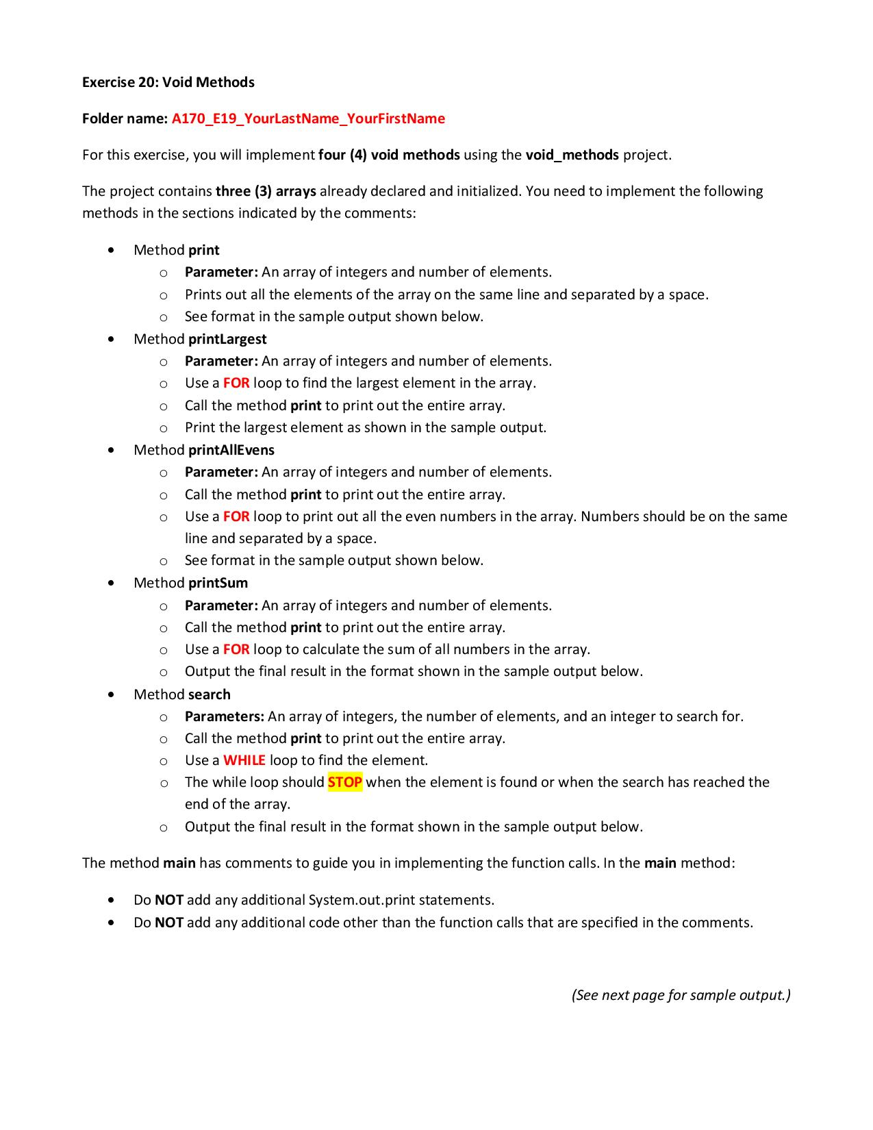 Solved Exercise 20: Void Methods Folder name: A170 E19 | Chegg.com