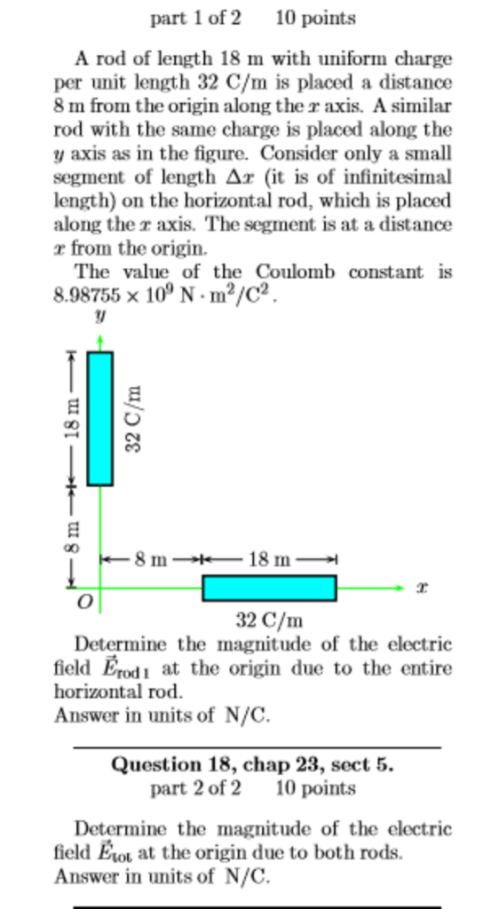 Solved A rod of length 18 in with uniform charge per unit | Chegg.com