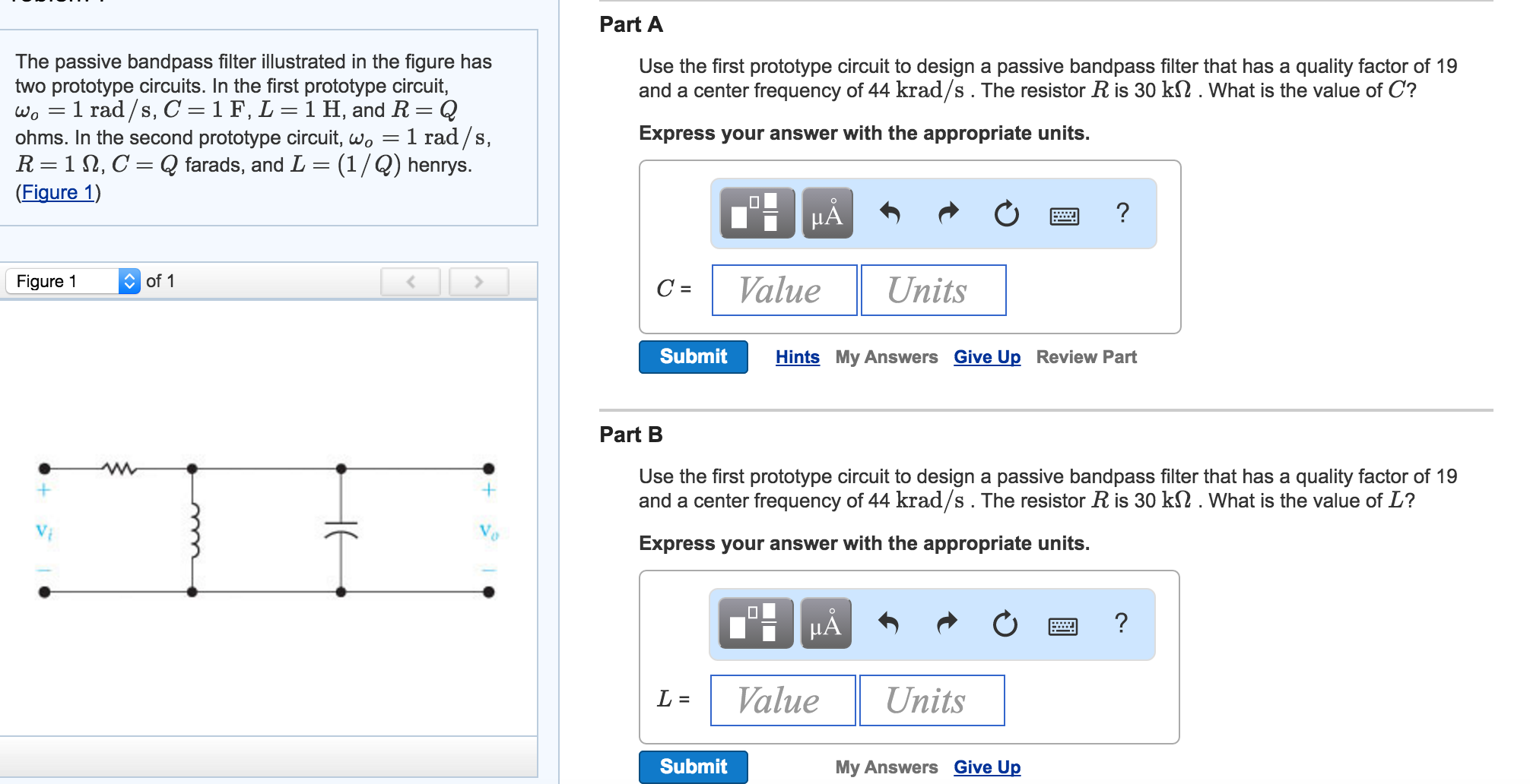 Solved The passive bandpass filter illustrated in the figure | Chegg.com