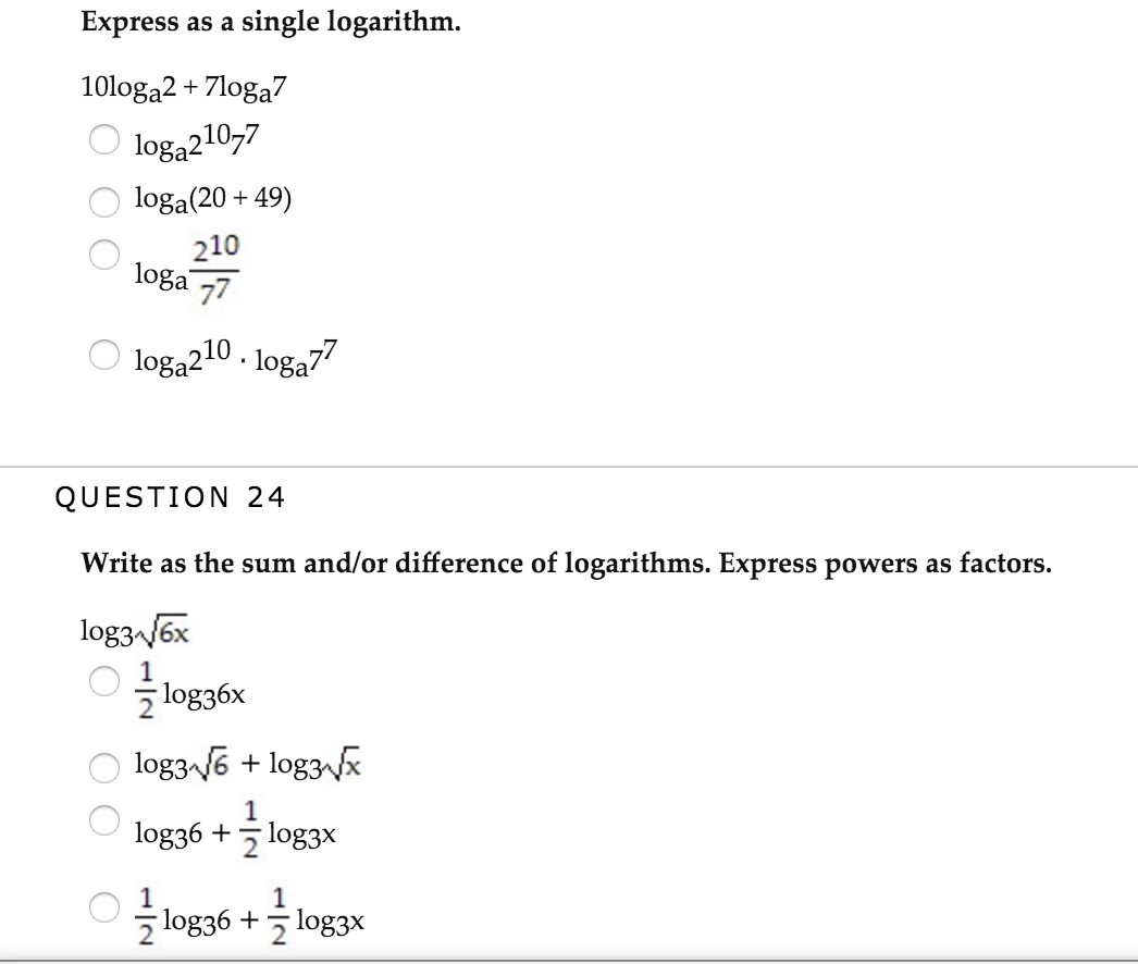 Solved Express as a single logarithm. 101oga_2 + 71oga_7 | Chegg.com