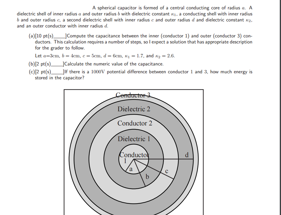 Solved A spherical capacitor is formed of a central | Chegg.com