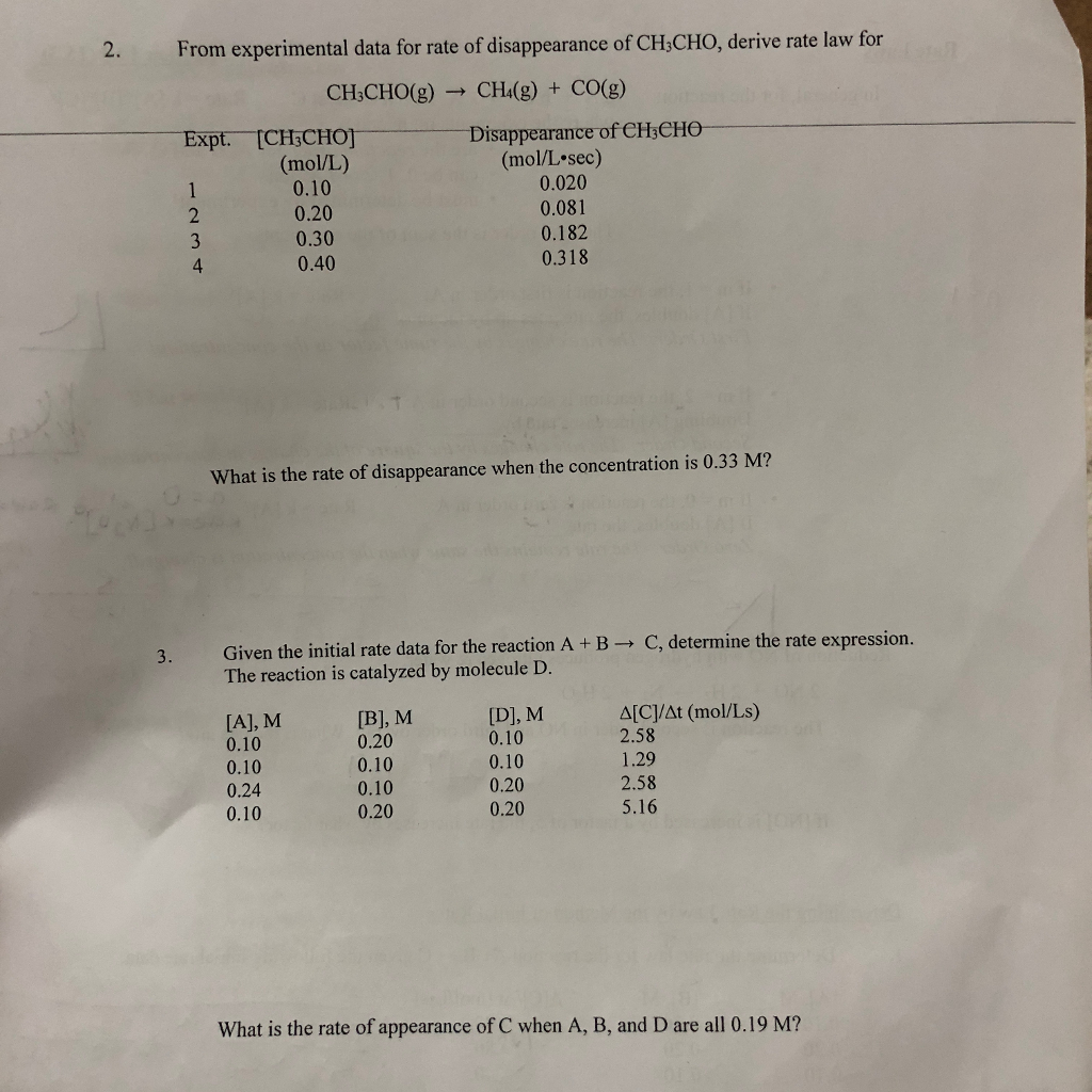 Solved 2. From experimental data for rate of disappearance | Chegg.com