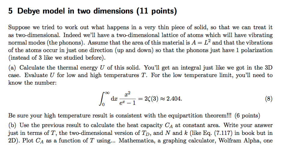 Solved 5 Debye model in two dimensions (11 points) Suppose | Chegg.com
