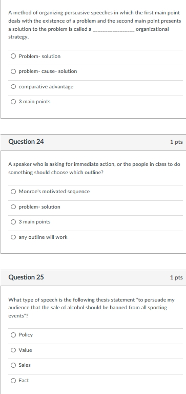 A method of organizing persuasive speeches in which | Chegg.com
