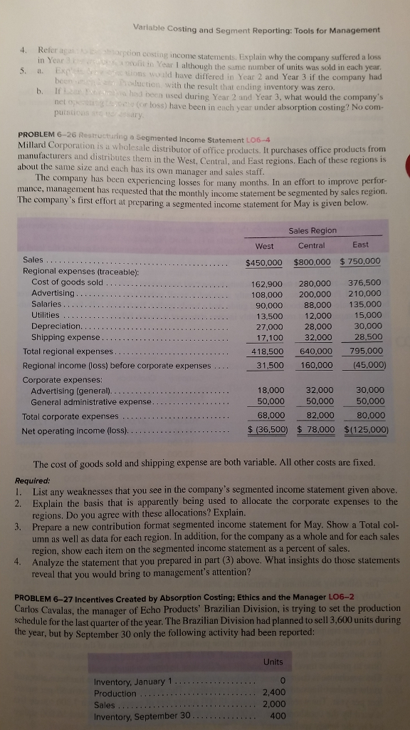 Solved Varl able Costing and Segment Reporting: Tools for | Chegg.com