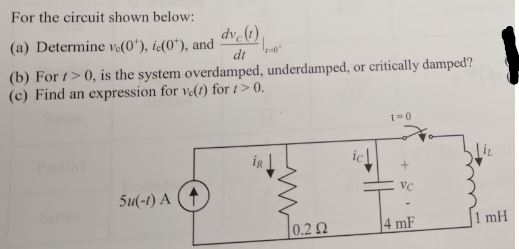 Solved For the circuit shown below: Determine v_c(0+), | Chegg.com