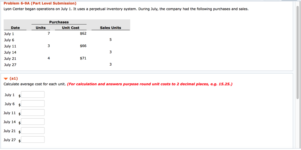 Solved Problem 6-9A (Part Level Submission) Lyon Center | Chegg.com