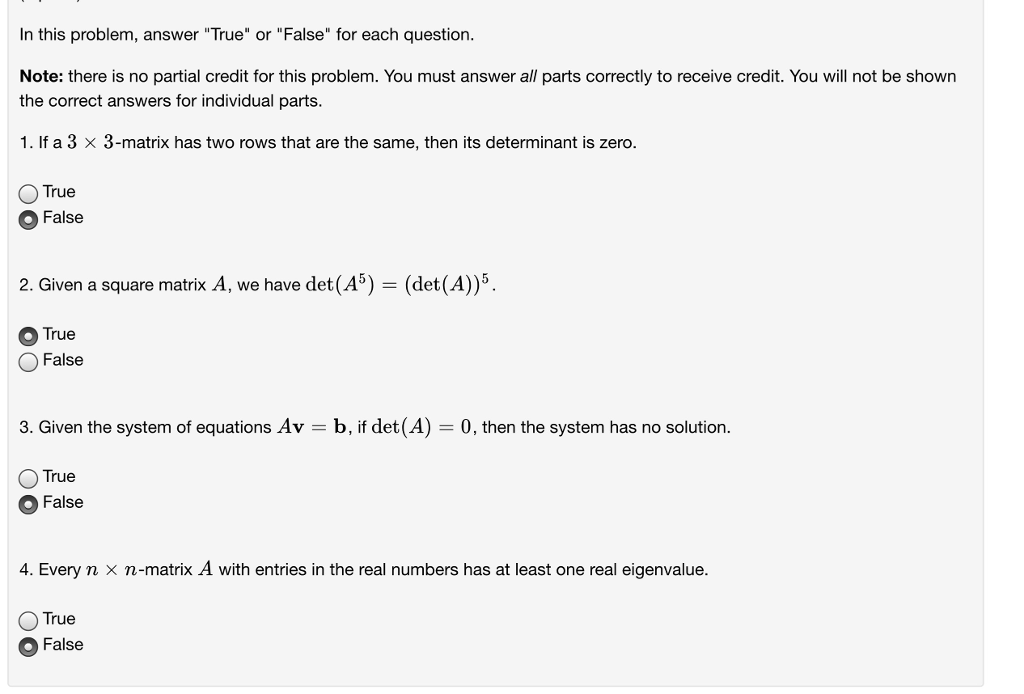 Solved In this problem, answer "True" or "False" for each | Chegg.com