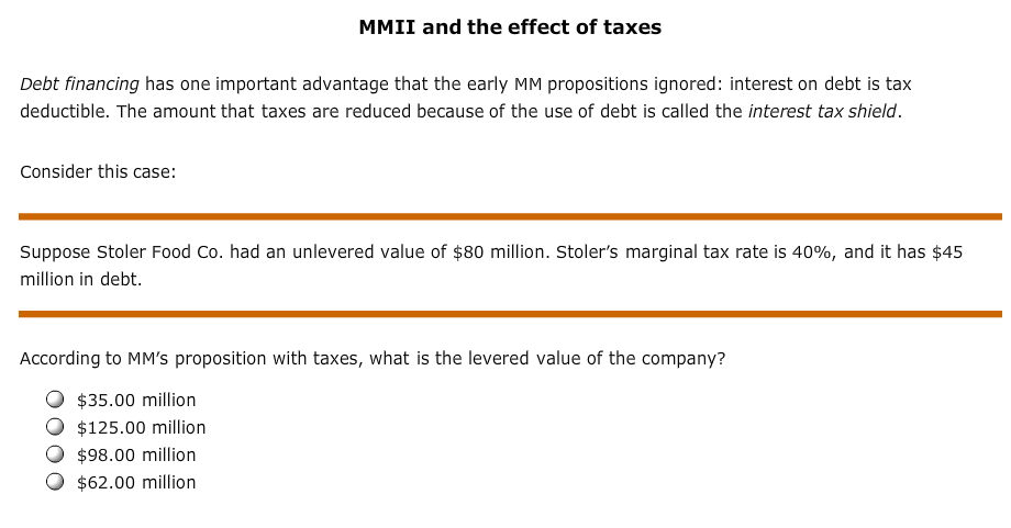 Solved MMII and the effect of taxes Debt financing has one | Chegg.com
