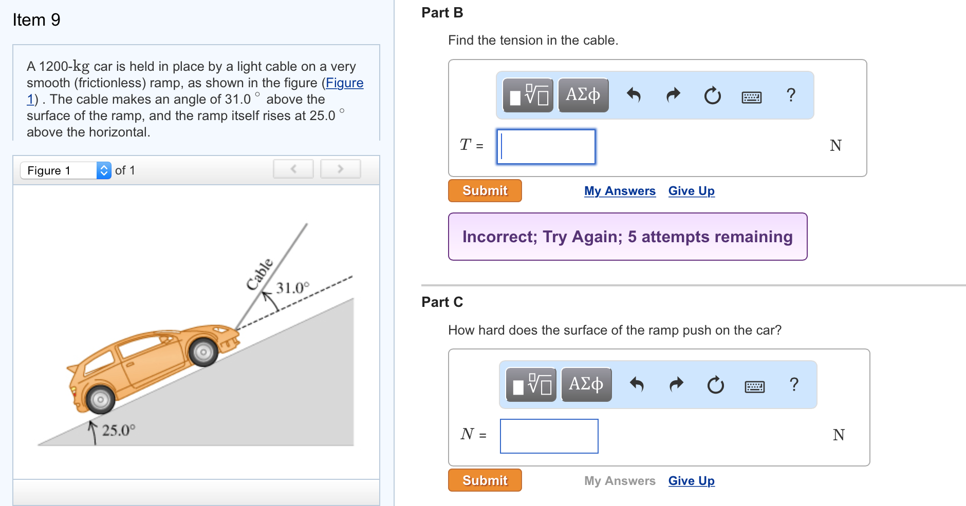 Solved A 1200-kg car is held in place by a light cable on a | Chegg.com