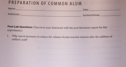 PREPARATION OF COMMON ALUM Name: Instructor: Date | Chegg.com