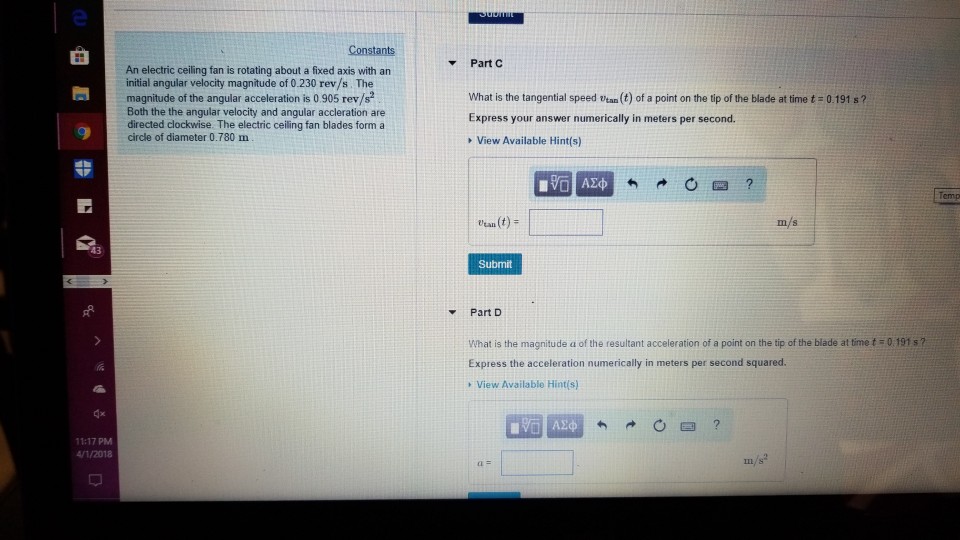 Solved Constants Part C An electric ceiling fan is rotating | Chegg.com