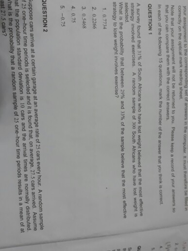 Solved correc?y on the optical mark reading sheet. Note that | Chegg.com