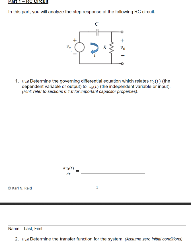 Solved Part 1-RC Circuit In this part, you will analyze the | Chegg.com
