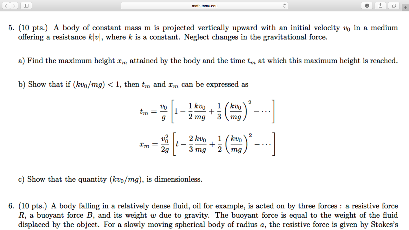 Solved A body of constant mass m is projected vertically | Chegg.com