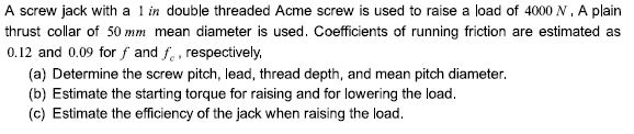 Solved A screw jack with a 1 in double threaded Acme screw | Chegg.com