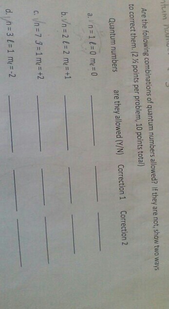 Solved Are the following combinations of quantum numbers | Chegg.com