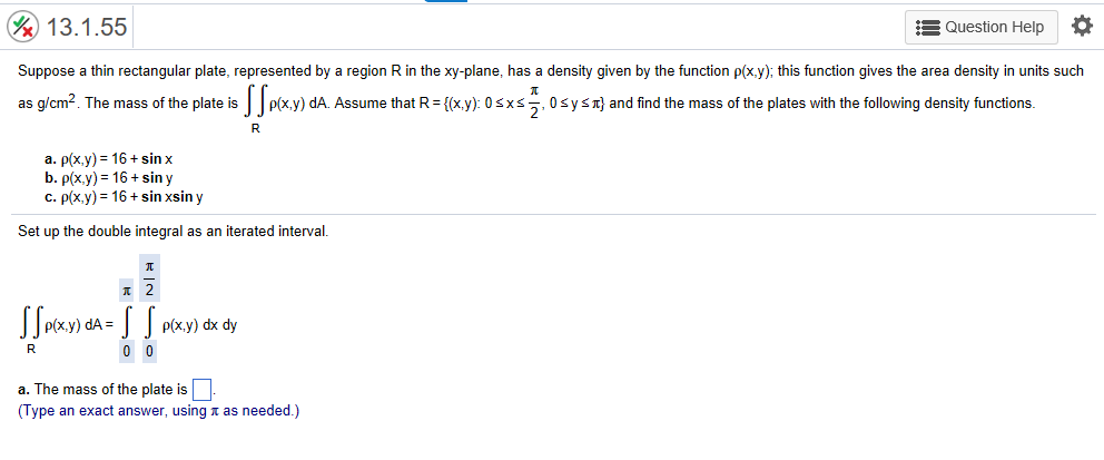 Solved 13.1.55 Suppose a thin rectangular plate, represented | Chegg.com
