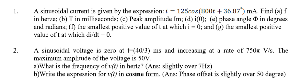 Solved A sinusoidal current is given by the expression: i = | Chegg.com