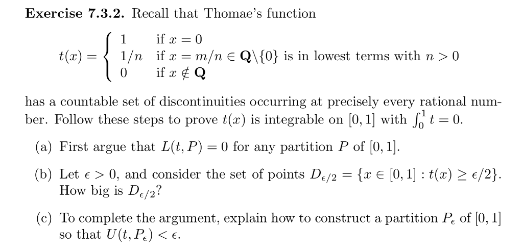 Solved Exercise 7.3.2. Recall that Thomae's function t(x)1/n | Chegg.com