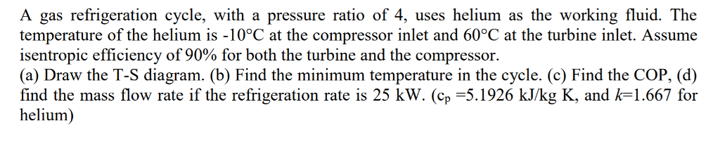Solved A gas refrigeration cycle, with a pressure ratio of | Chegg.com
