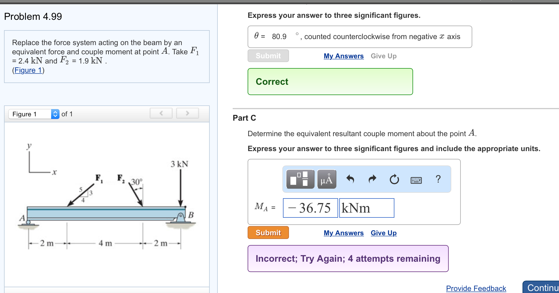 Solved Replace the force system acting on the beam by an | Chegg.com