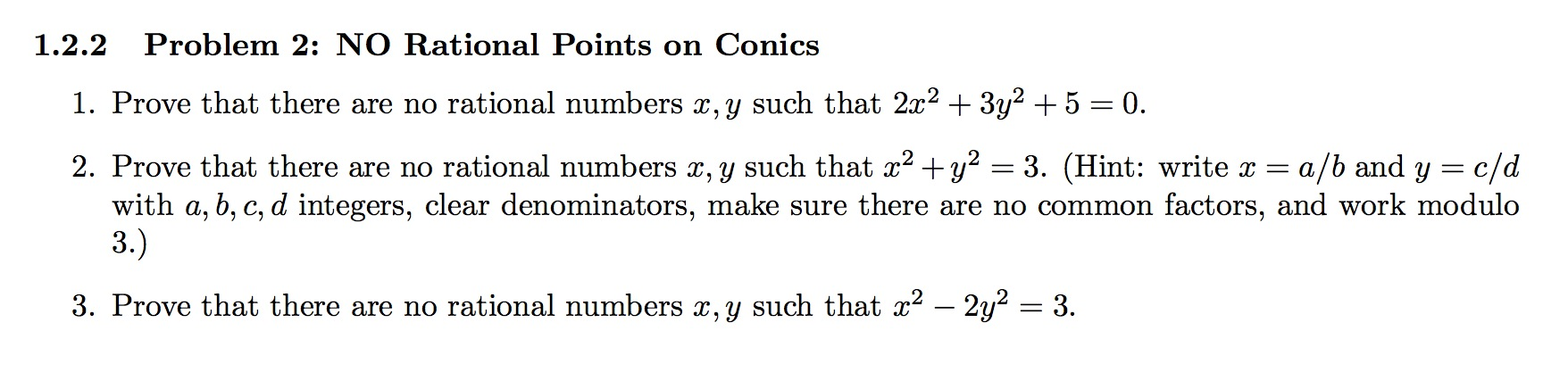 Solved NO Rational Points on Conics Prove that there are no | Chegg.com