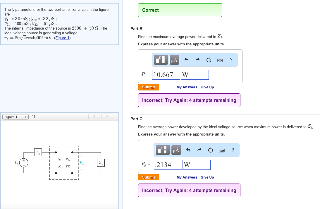 Solved The y parameters for the two-port amplifier circuit | Chegg.com