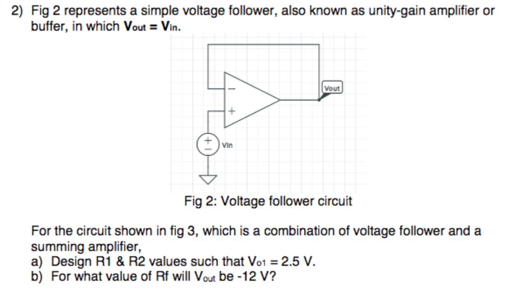 Solved 2) Fig 2 represents a simple voltage follower, also | Chegg.com