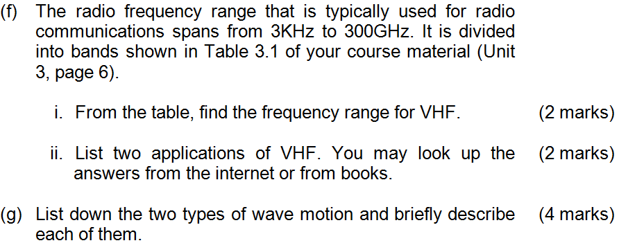 Solved (f) The radio frequency range that is typically used | Chegg.com