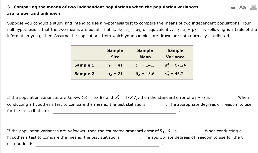 Solved Aa Aa 3. Comparing the means of two independent | Chegg.com