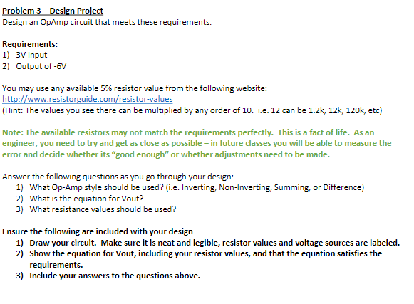 Solved Problem 3- Design Project Requirements: 1) 3V Input | Chegg.com