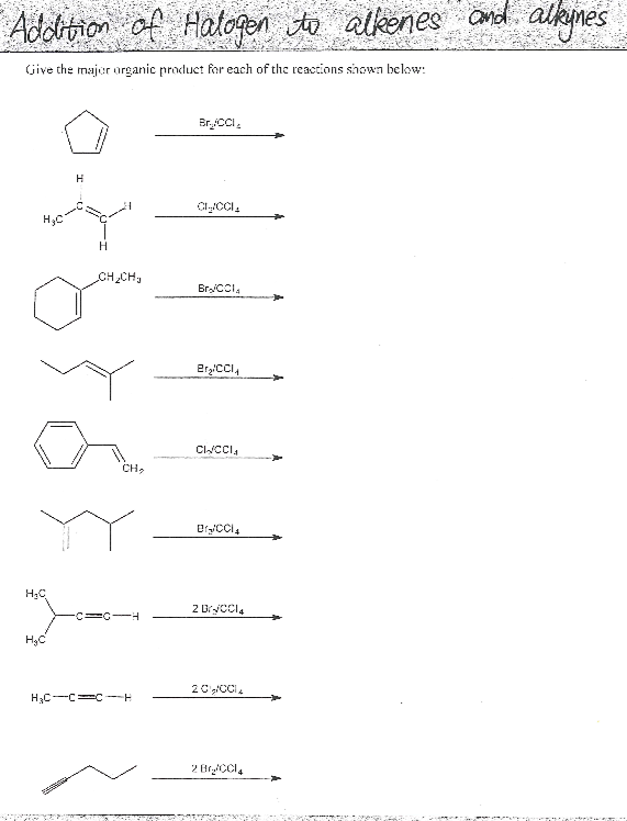 Solved Addition of Halogen to alkenes and alkynes Give the | Chegg.com