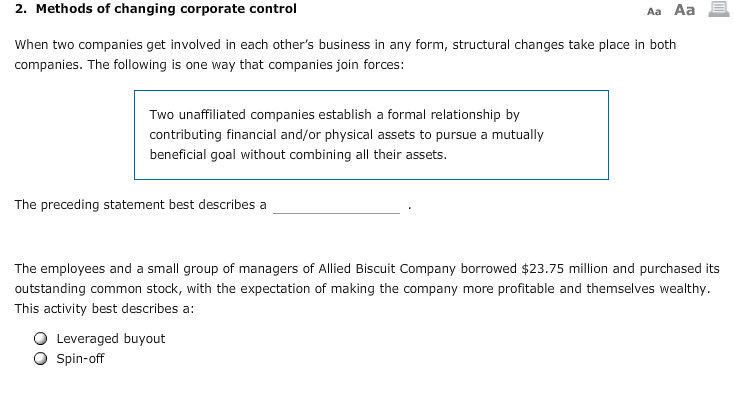 Solved 2. Methods of changing corporate control Aa Aa When | Chegg.com