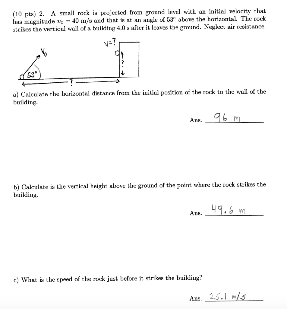 Solved A small rock is projected from ground level with an | Chegg.com