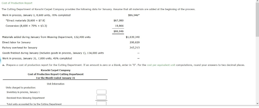 Solved Cost of Production Report The Cutting Department of | Chegg.com