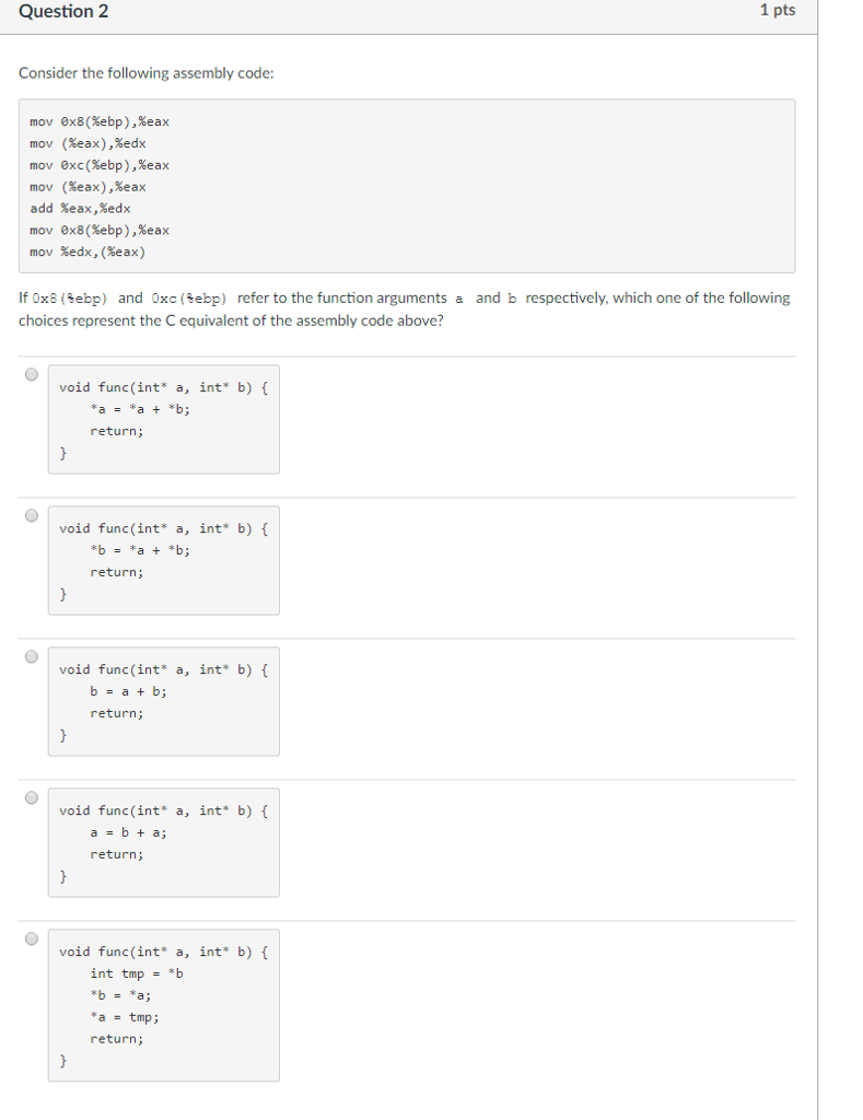 Solved Consider the following assembly code: mov 0x8(%ebp), | Chegg.com
