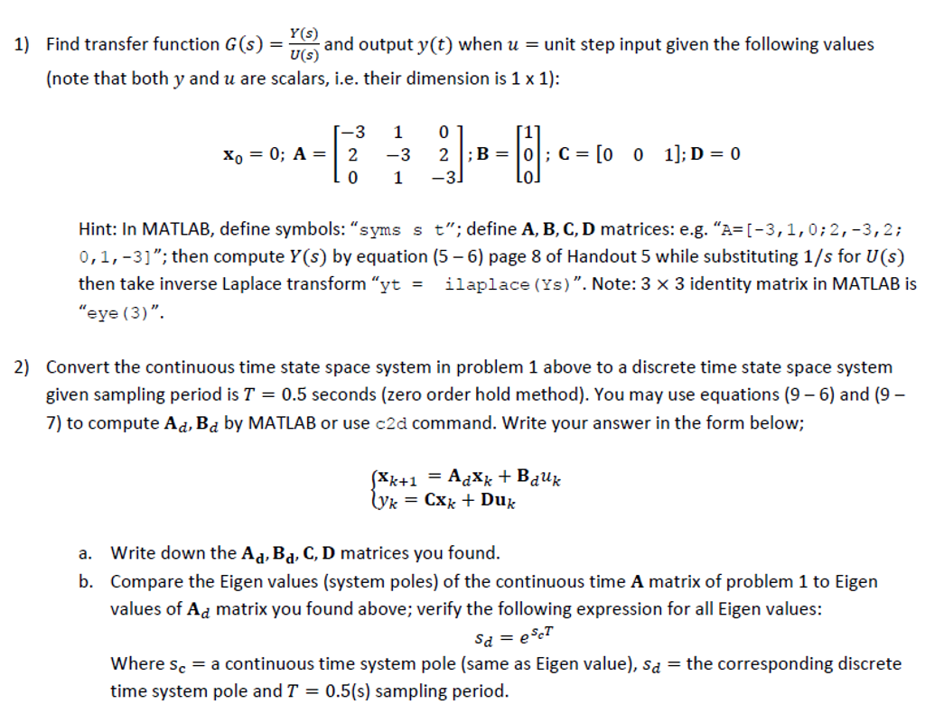 Solved Find transfer function G(s) = Y(s)/U(s) and output | Chegg.com