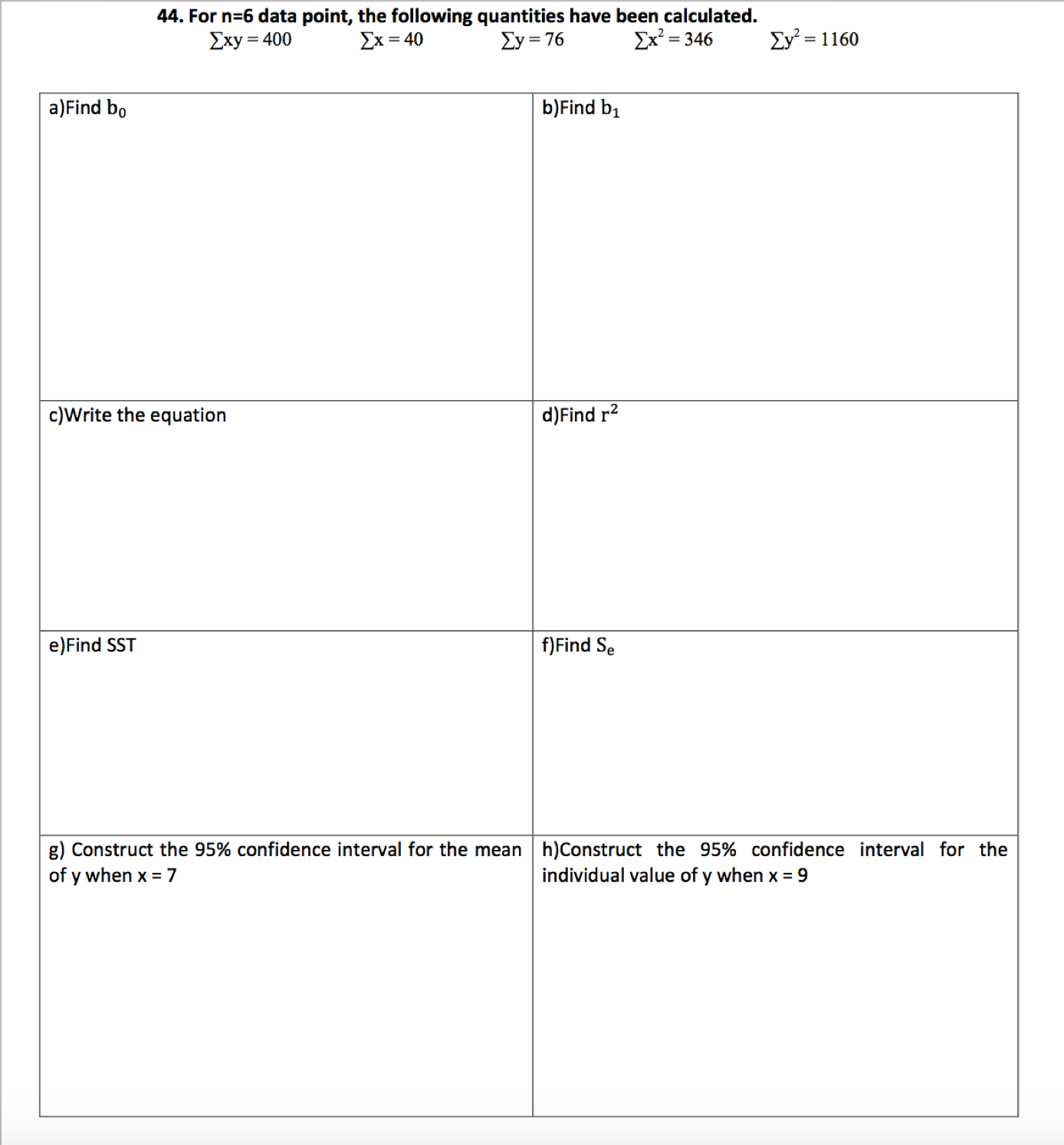 Solved For n=6 data point, the following quantities have | Chegg.com