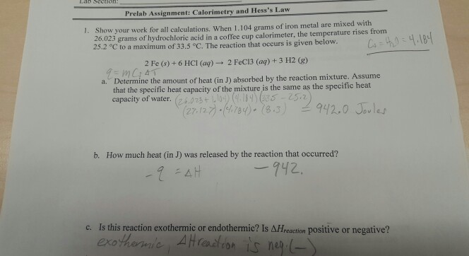 Solved Prelab Assignment: Calorimetry and Hess's Law 1. Show | Chegg.com