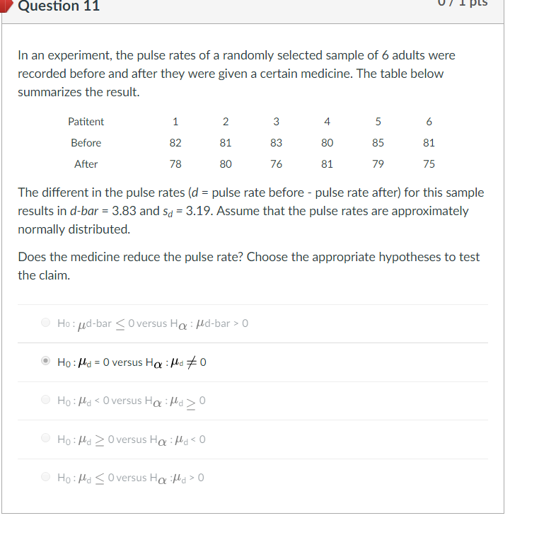 Solved Question 11 In an experiment, the pulse rates of a | Chegg.com