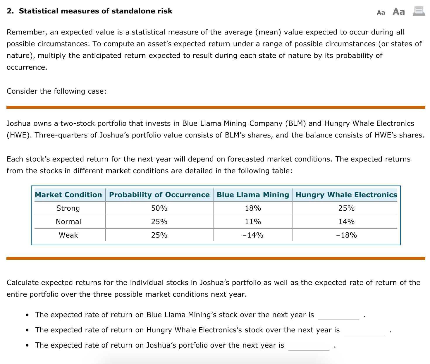 Solved Statistical measures of standalone risk Remember, an | Chegg.com