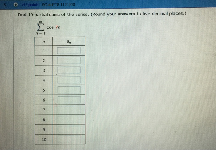 Solved 5.13 points SCalcET8 11.2.010 Find 10 partial sums of | Chegg.com