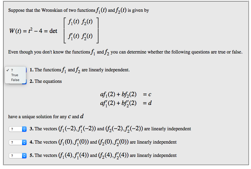 Solved Suppose that the Wronskian of two functions fi(t) | Chegg.com