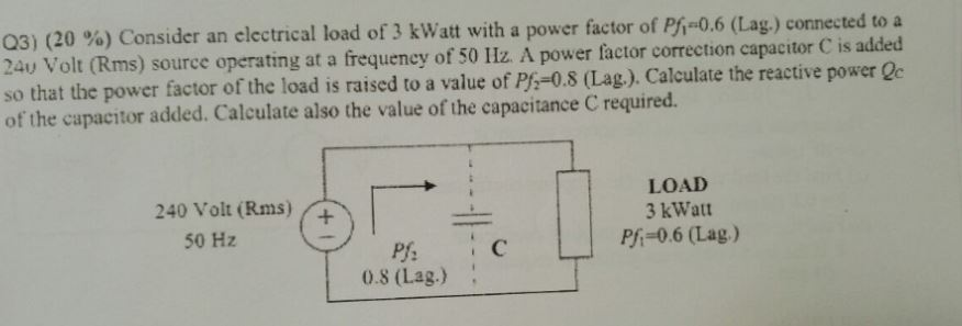 Solved Consider an electrical load of 3 kWatt with a power | Chegg.com
