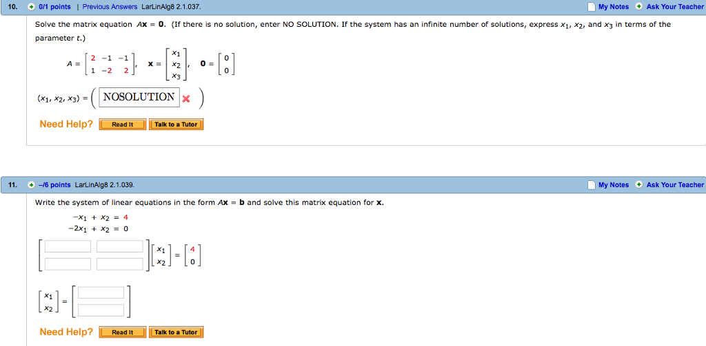 Solved Solve the matrix equation AX = 0. (If there is no | Chegg.com