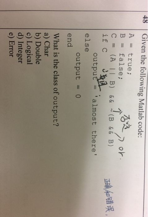 Solved Given the following Matlab code: What is the class | Chegg.com