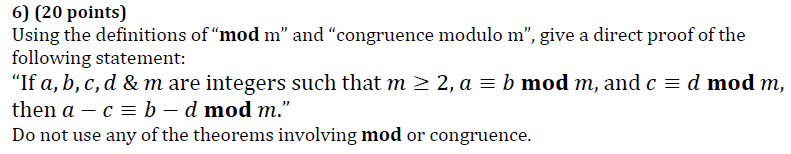 Solved Using the definitions of "mod m" and "congruence | Chegg.com