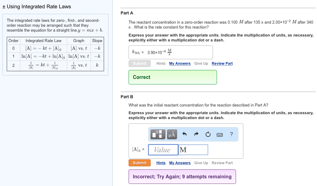 Solved t Using Integrated Rate Laws The integrated rate laws | Chegg.com