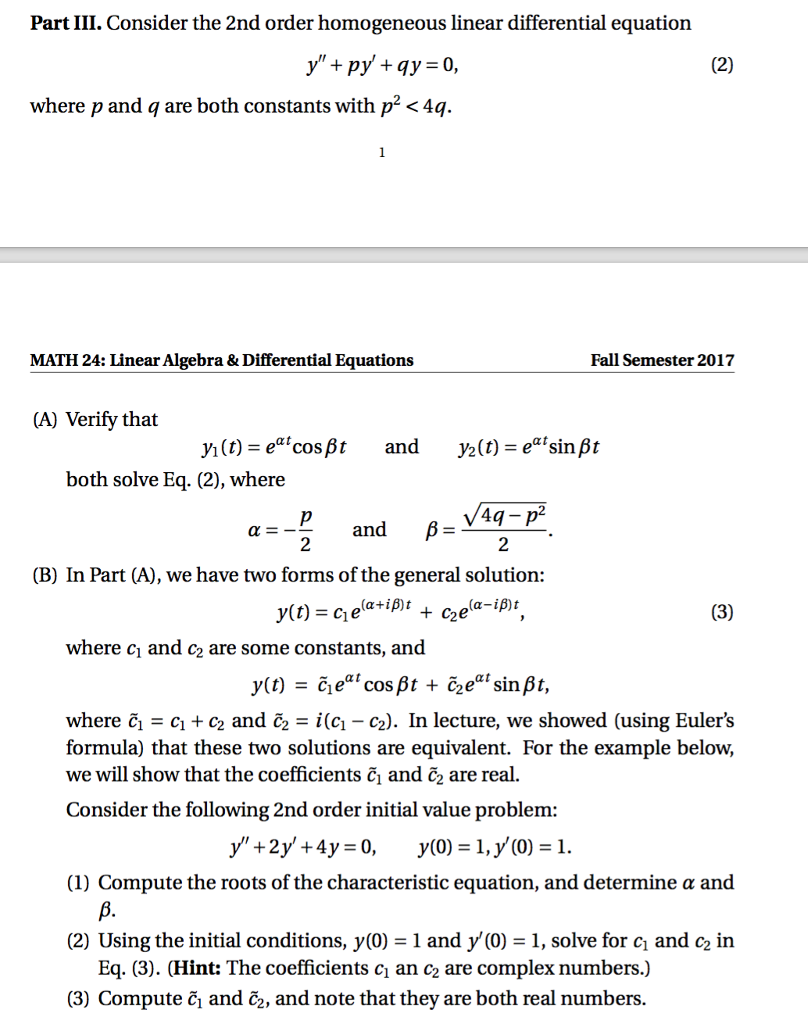 Solved Part Iii Consider The 2nd Order Homogeneous Linear